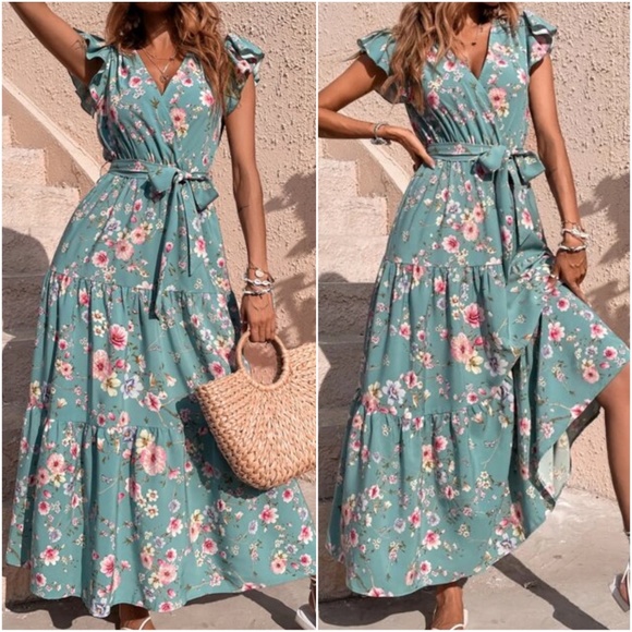 Dresses | Boho Floral Print Butterfly Sleeve Belted Maxi Dress | Poshmark